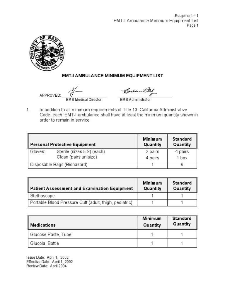 Standar Equipment Ambulance California | PDF | Ambulance | Medicine
