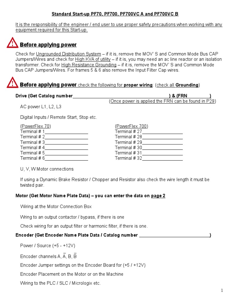 Before Applying Power: Standard Start-Up PF70, PF700, PF700VC A and ...