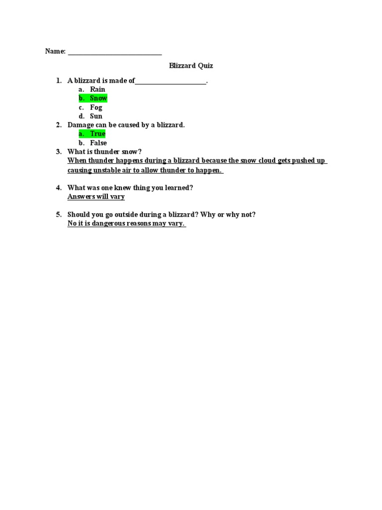 Blizzard Quiz Answers | PDF | Blizzards | Precipitation