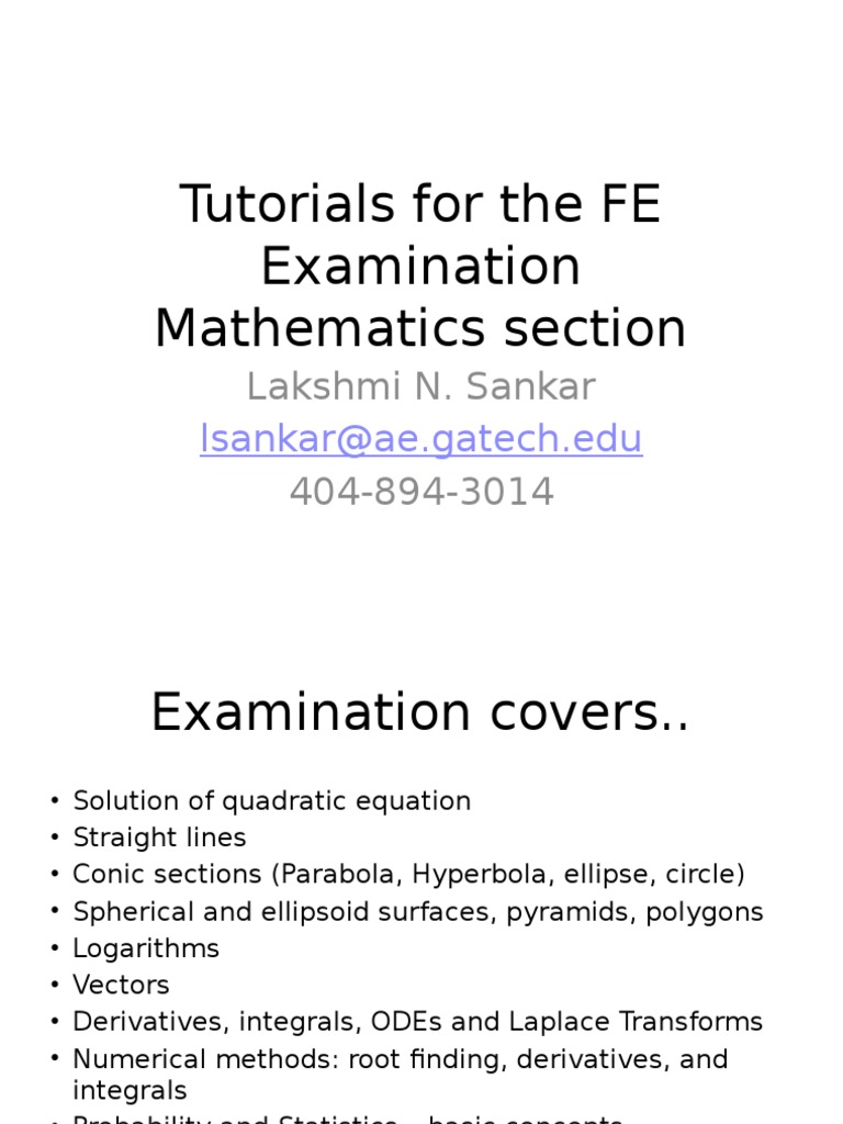 Math Tutorials For The FE Examination | PDF | Ellipse | Slope