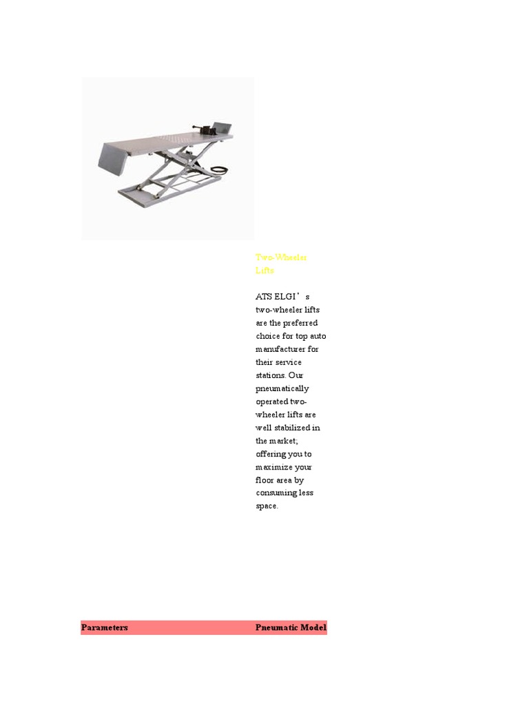 Two-Wheeler Lifts: Parameters Pneumatic Model | PDF | Elevator | Industries