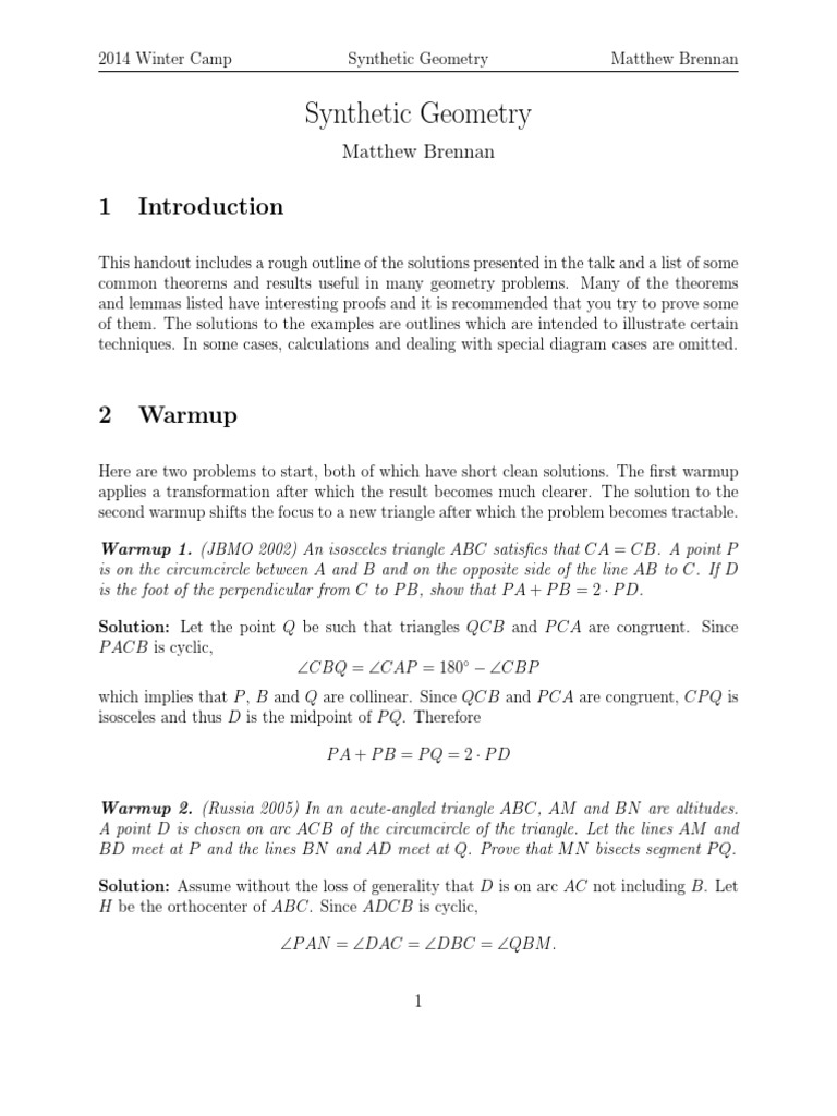 Synthetic Geometry - Matthew Brennan - 2014 Winter Camp | PDF ...