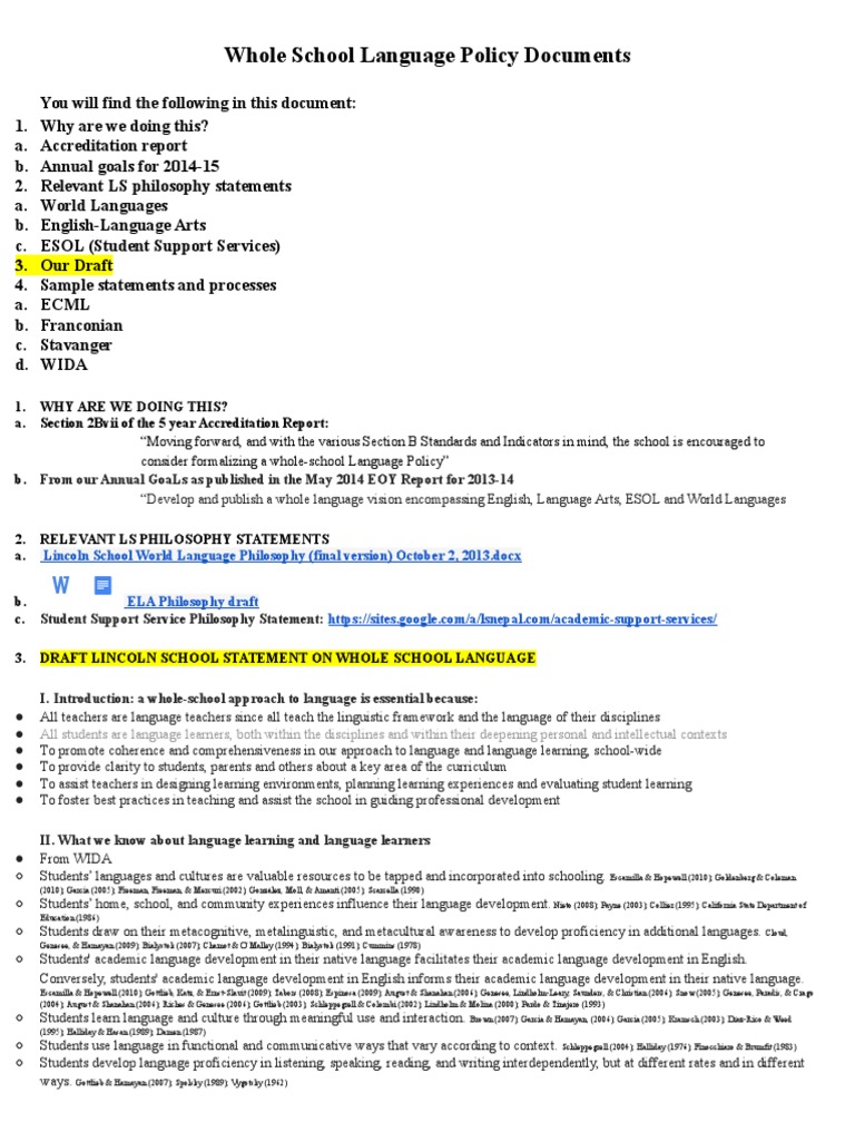 Whole School Language Policy Documents | PDF | English As A Second Or ...