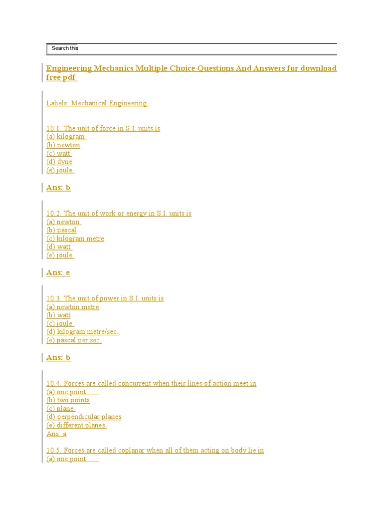 Engineering Mechanics Multiple Choice Questions and Answers For ...
