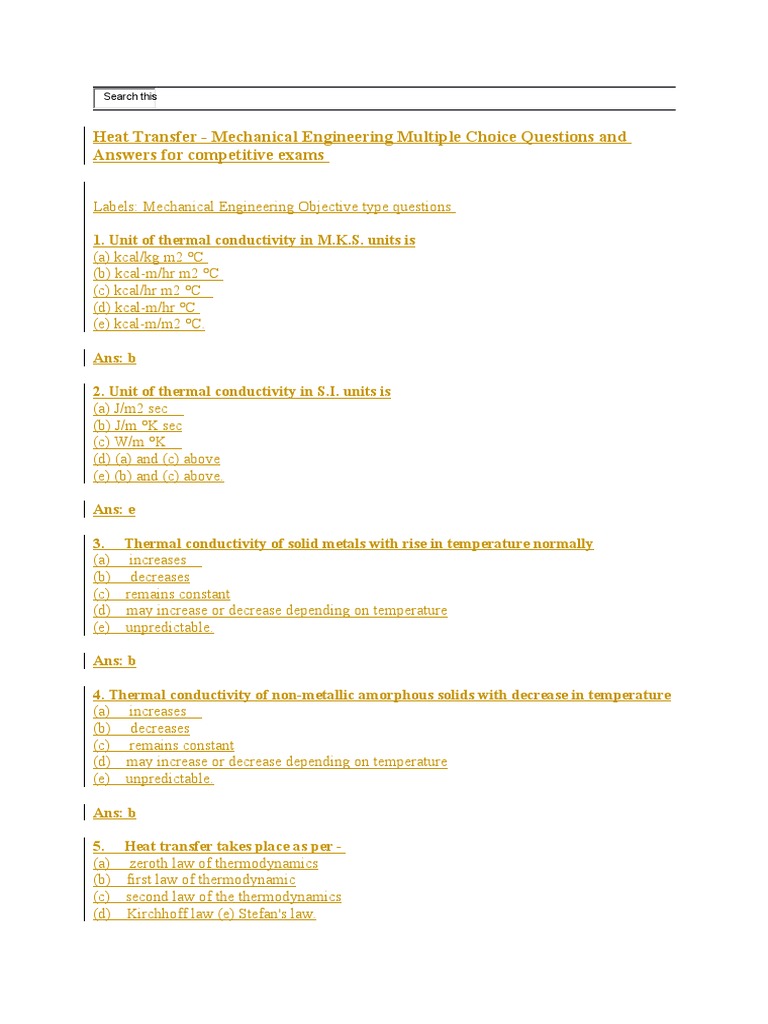 Heat Transfer - Mechanical Engineering Multiple Choice Questions and ...