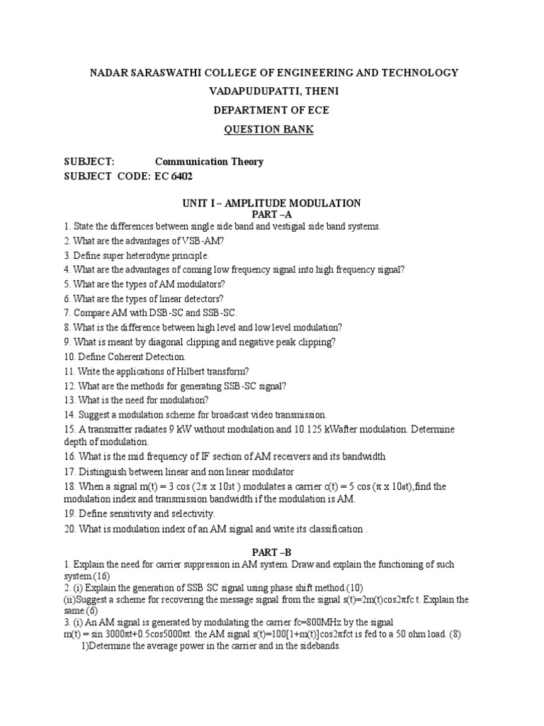Communication Theory Overall Question Bank | PDF | Frequency Modulation | Modulation