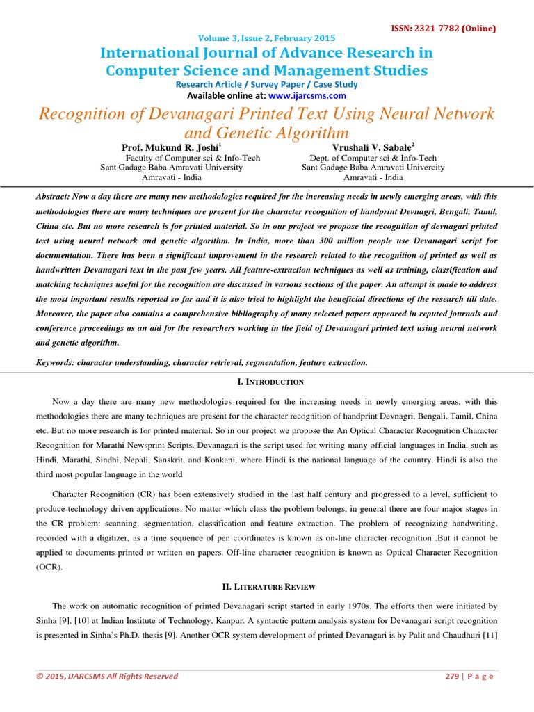 Recognition of Devanagari Printed Text Using Neural Network and Genetic Algorithm | PDF ...