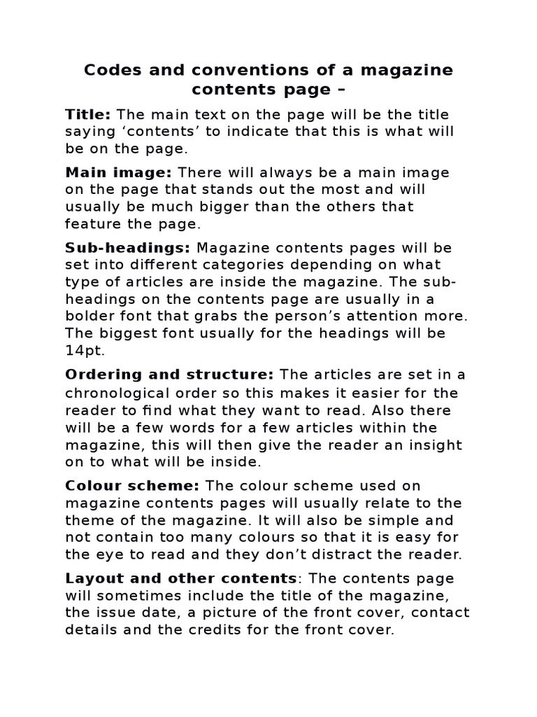 Codes and Conventions of A Magazine Contents Page | PDF | Page Layout ...