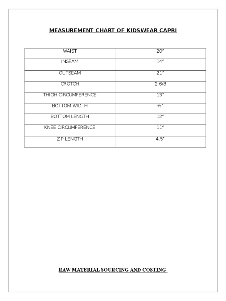 Measurement Chart of Kidswear Capri | PDF | Textiles | Cotton