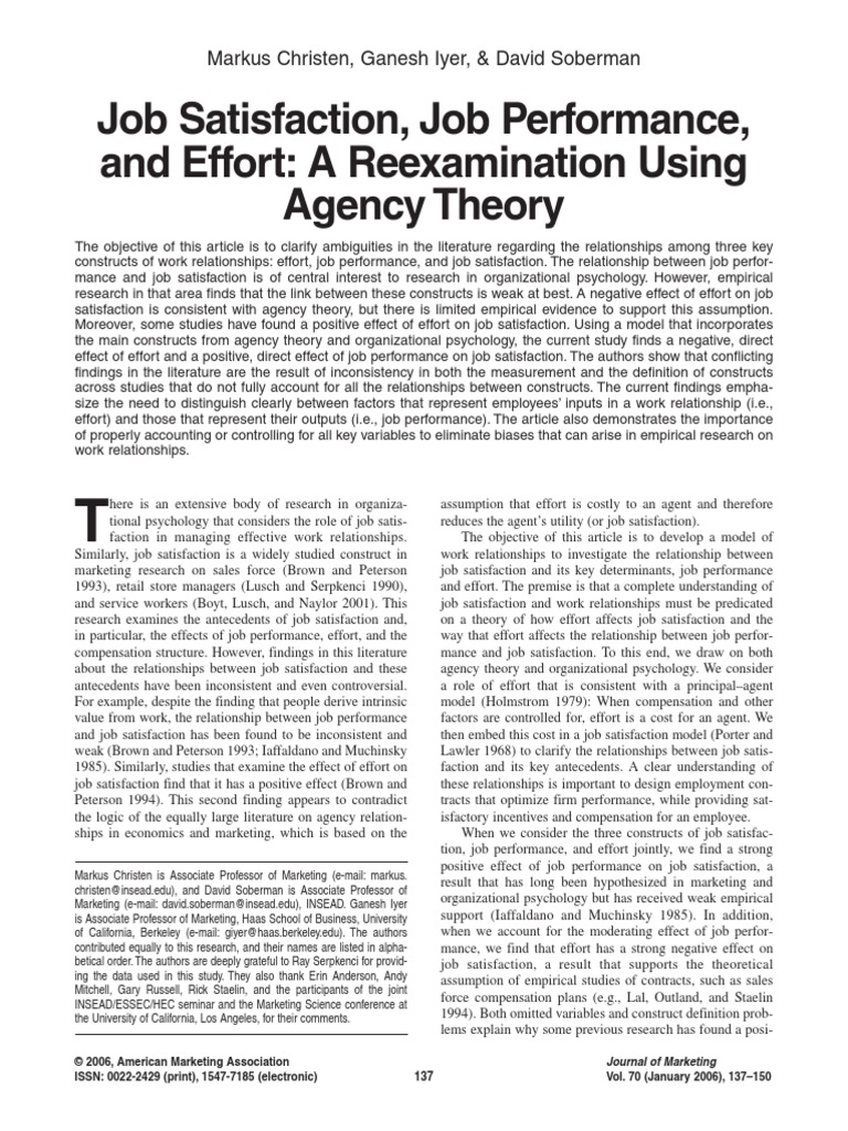 Job Satisfaction, Job Performance, and Effort and Reexamination Using ...