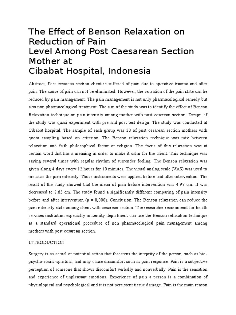 The Effect of Benson Relaxation On Reduction of Pain Level Among Post ...