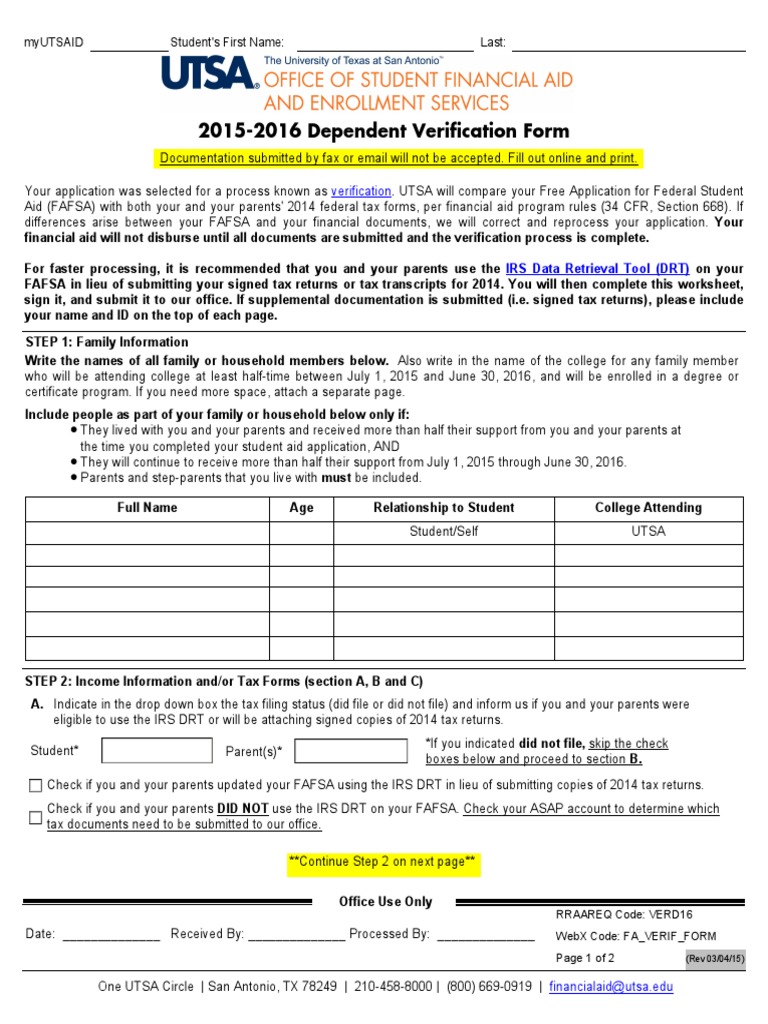 2015-2016 Dependent Verification Form | PDF | Tax Return (United States ...