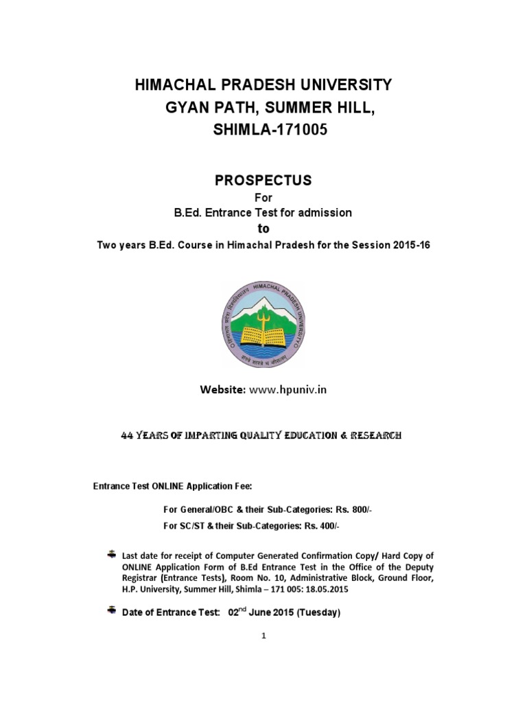 HPU B.ed. Admission 2015 Information Brochure | PDF | University And ...