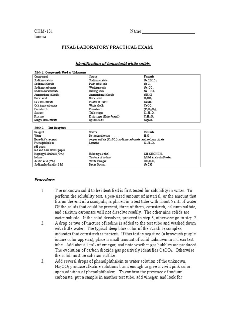 Identification of Household White Solids.: Final Laboratory Practical Exam | PDF | Sodium ...