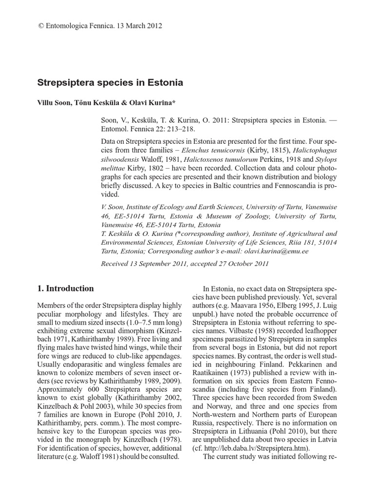 Strepsiptera | PDF | Estonia | Insects