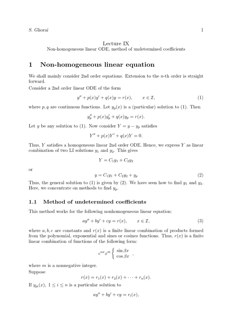 Lecture 9 Non-Homogeneous Linear ODE, Method of Undetermined Coefficients | Download Free PDF ...