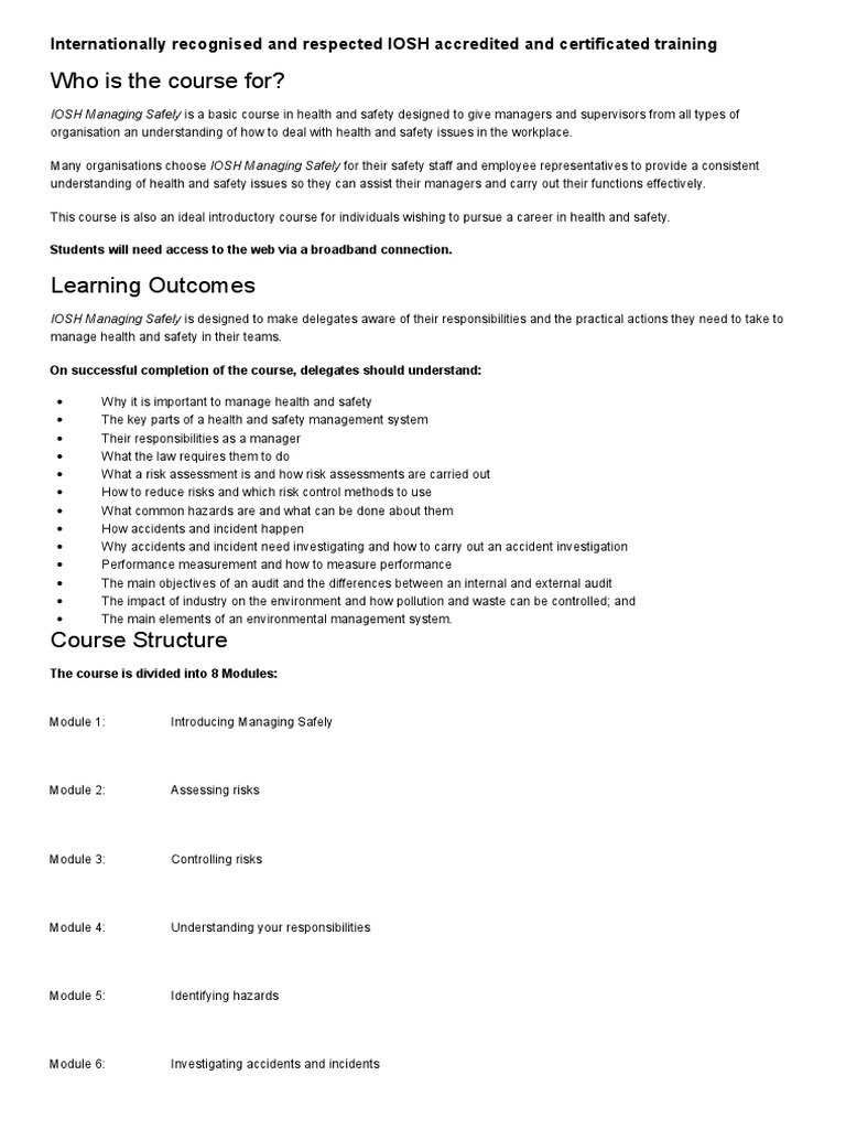 Who Is The Course For?: Internationally Recognised and Respected IOSH Accredited and ...