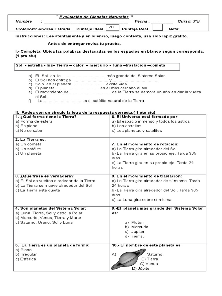 Evaluacion Sistema Solar 3°basico | PDF