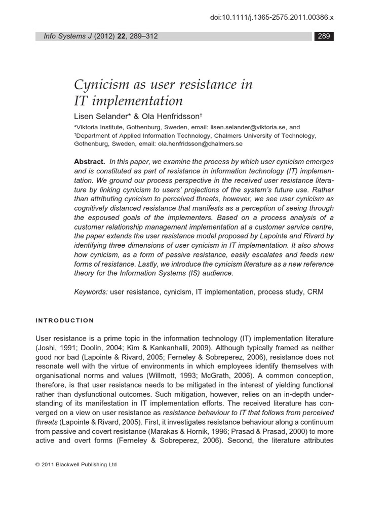 Cynicism As User Resistance in IT Implementation | PDF | Customer ...