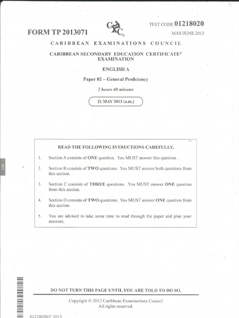 Cxc Csec-english A Paper 2 2013 | Pdf