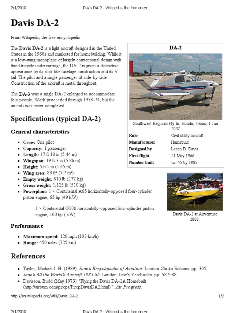 DAVIS 2A SPORT PLANE, Wikipedia, CONTINENTAL ENGINE CHOICES | PDF ...