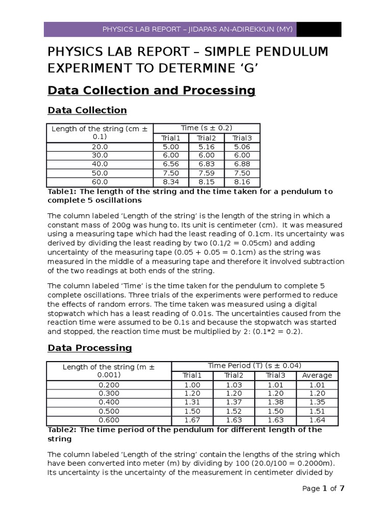 IB Physics Lab Report - Simple Pendulum | PDF | Pendulum | Observational Error