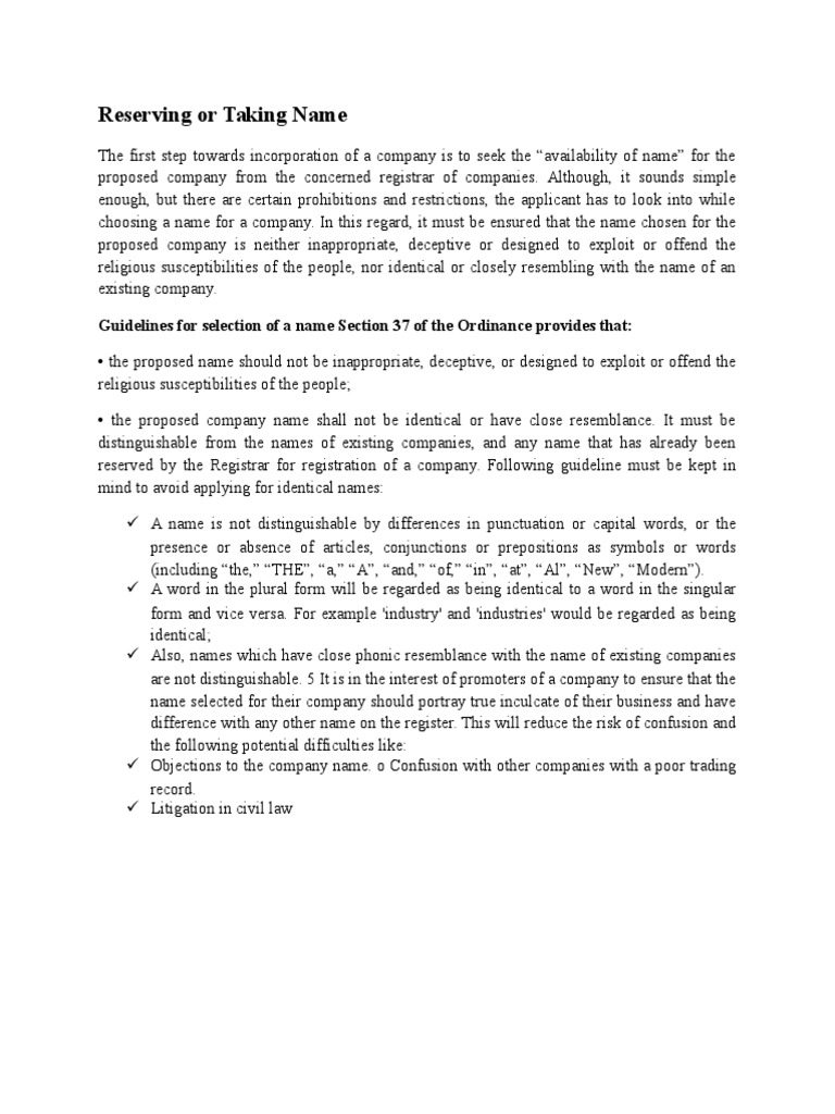 Reserving A Company Name Guidelines Methods And The Review Process