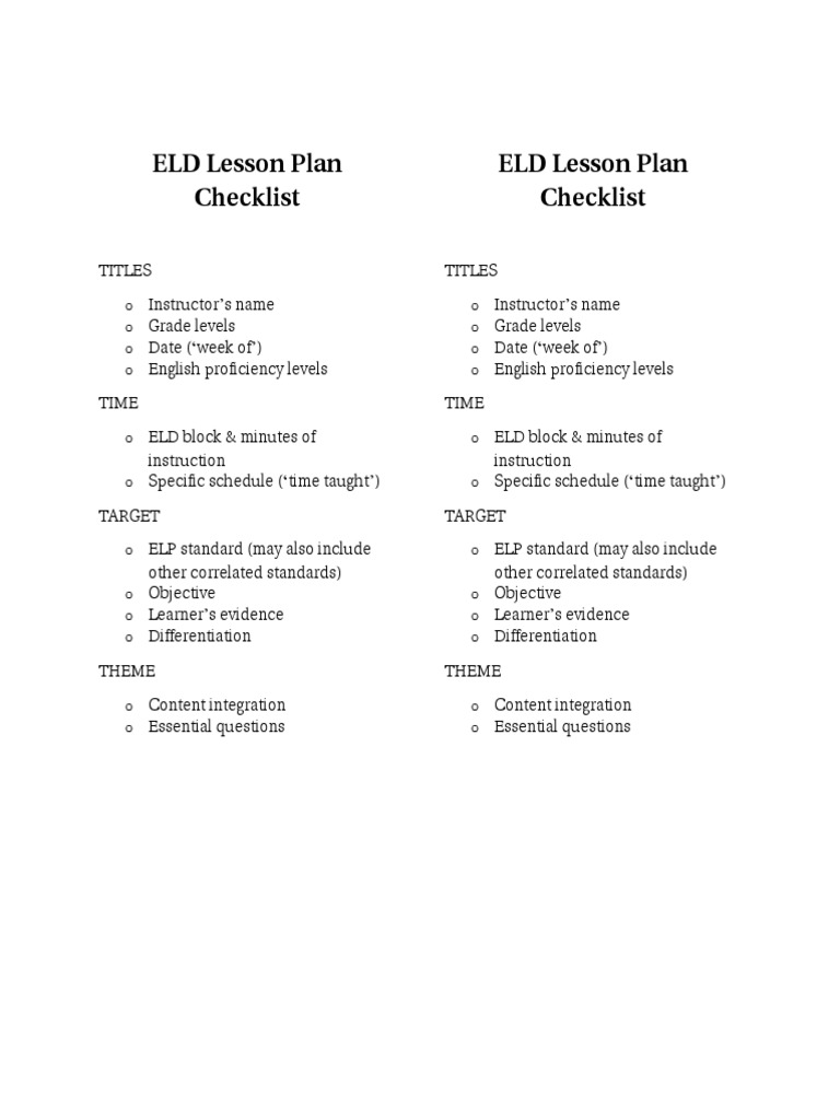 Eld Lesson Plan Checklist | PDF