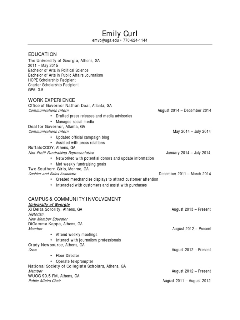 Emily Curl's Resume: Political Science & Journalism | PDF