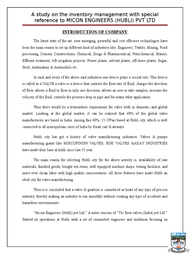 An Analysis of Inventory Management Practices at Micon Engineers (Hubli ...