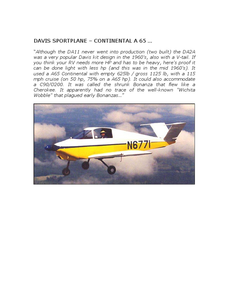 Davis Sport Plane, Light Sport Aircraft: Davis Da 2 | PDF