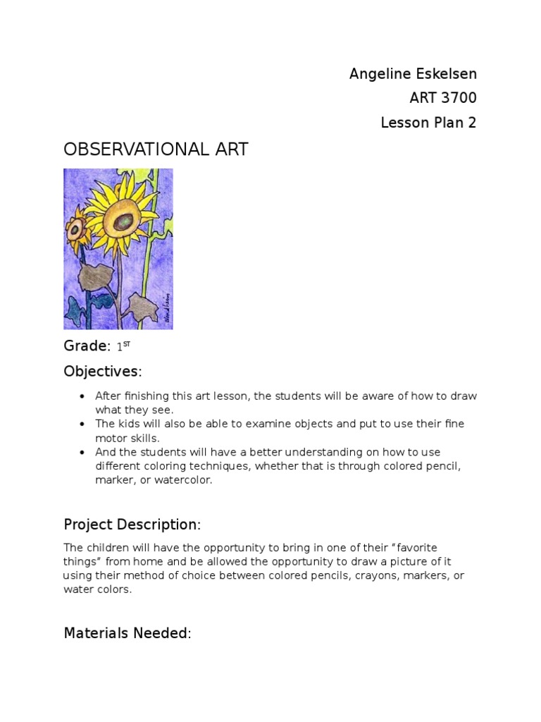 1st Grade Observational Art Lesson Plan | PDF | Home & Garden | Science ...