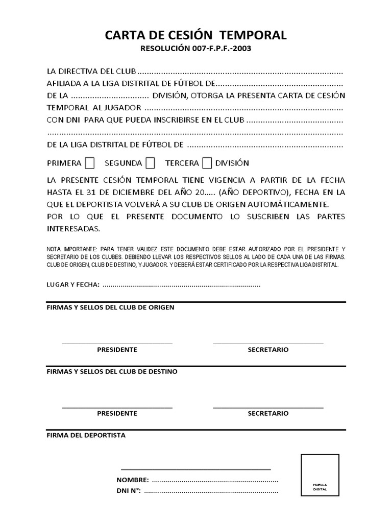 Carta Cesion Temporal | PDF