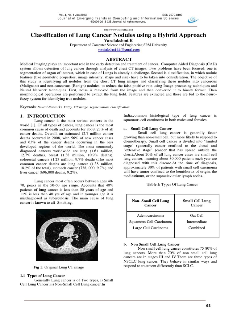 Journal Classification Of Lung Cancer Nodules Using A Hybrid Approach Pdf Non Small Cell