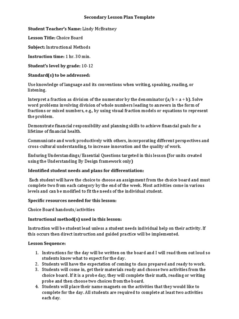 Choice Board Lesson Plan by Lindy McBratney | PDF | Lesson Plan ...