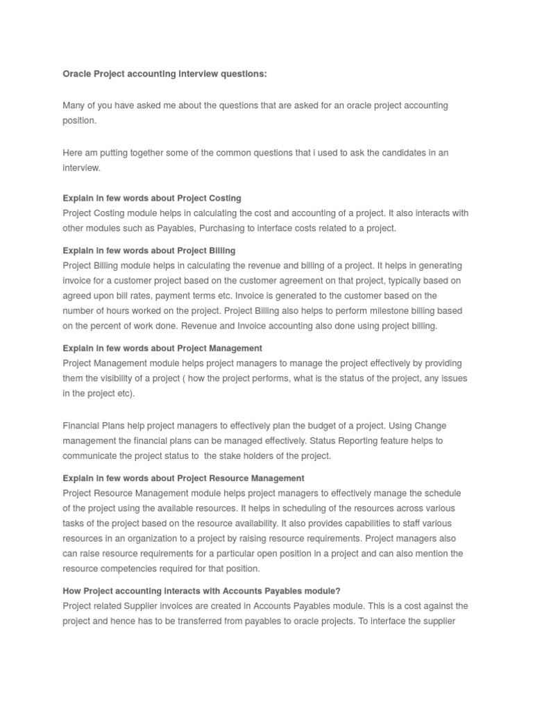 Oracle Project Accounting Interview Questions | PDF | Invoice ...