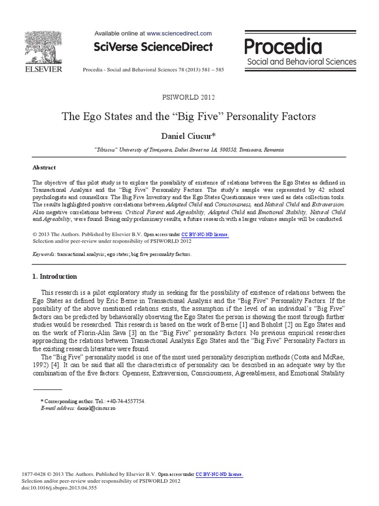 The Ego States and The Big Five Personality Factors 2013 Procedia ...
