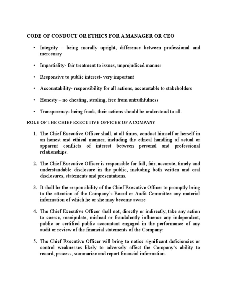 Managerial Code of Ethics Overview | PDF | Chief Executive Officer ...
