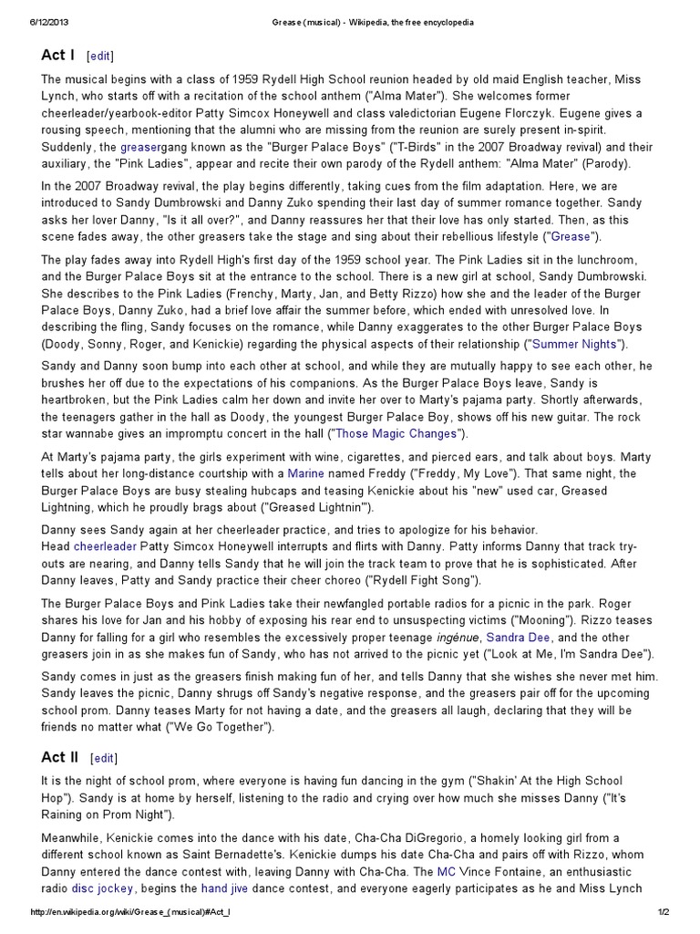 Grease Musical Plot Summary | PDF | Entertainment