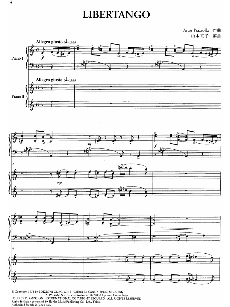 Astor Piazolla - Libertango (Piano 4 Hands) | PDF