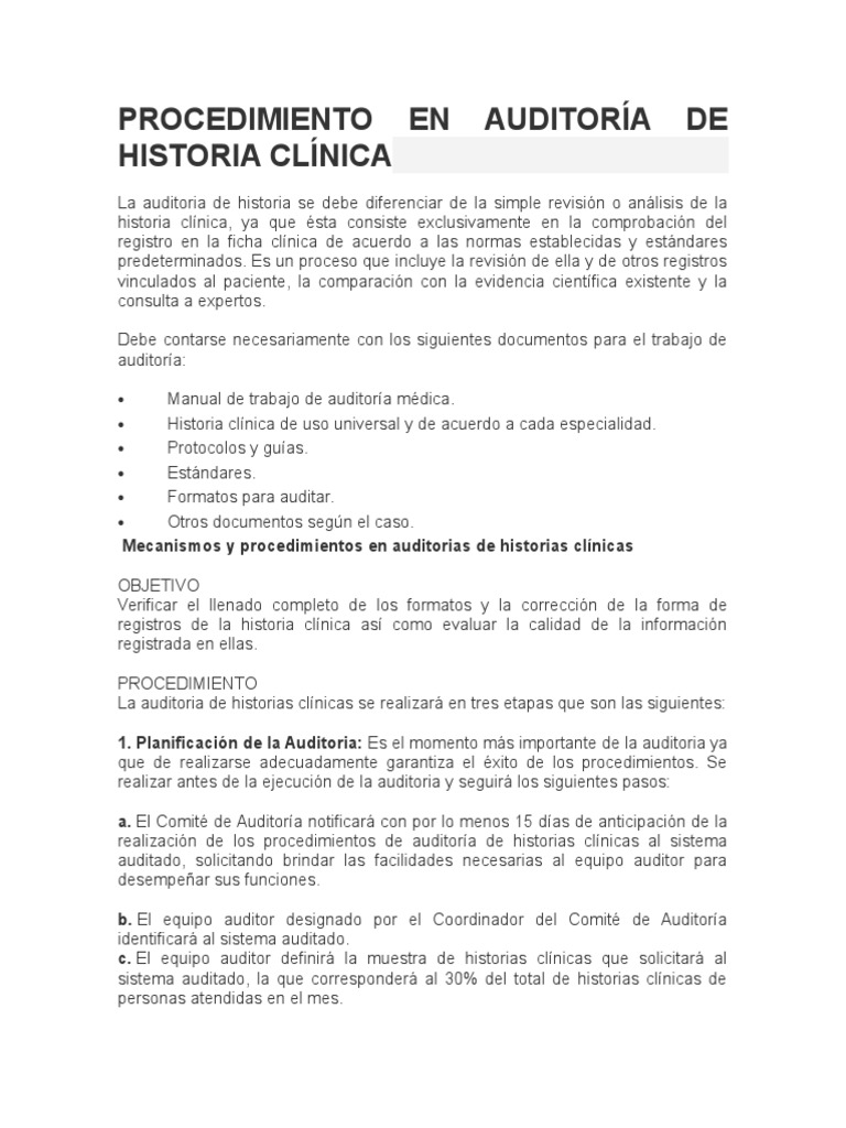 Auditoría de Historias Clínicas: Procedimiento y Evaluación | PDF ...
