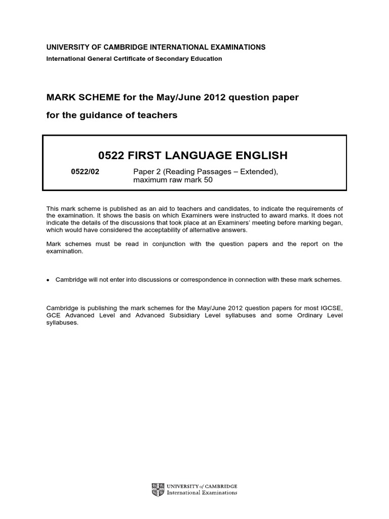 Cambridge IGCSE English First Language UK Mark Scheme 2 Summer 2012 ...