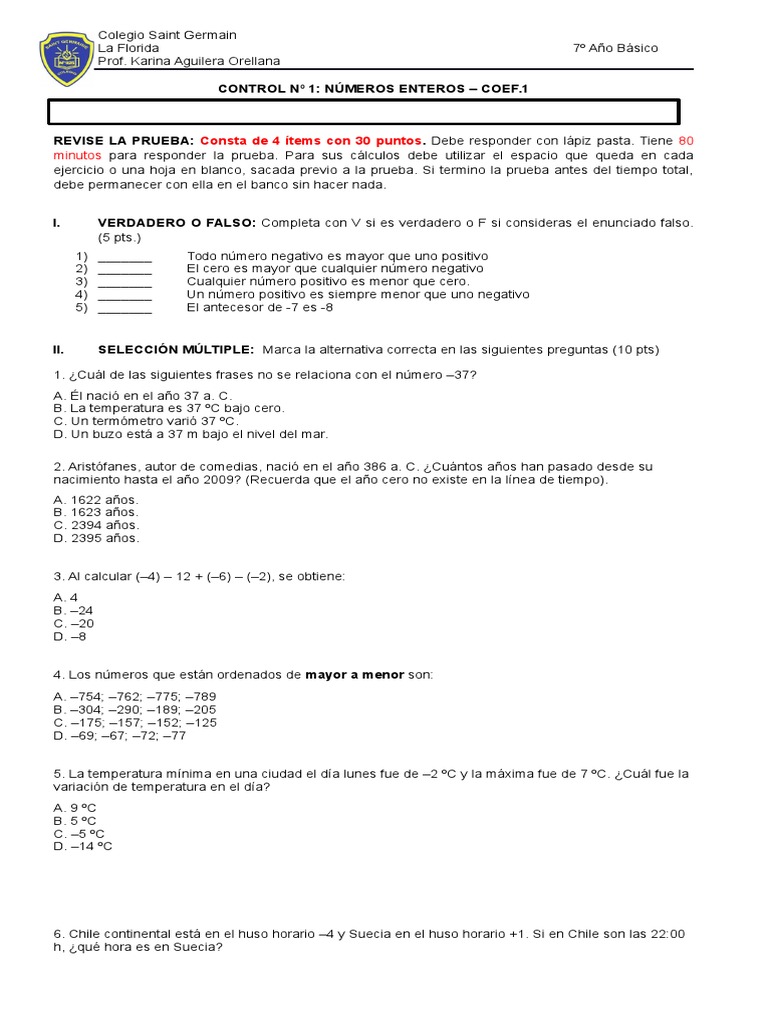 1 Control Números Enteros | PDF | Números | Matemática Elemental