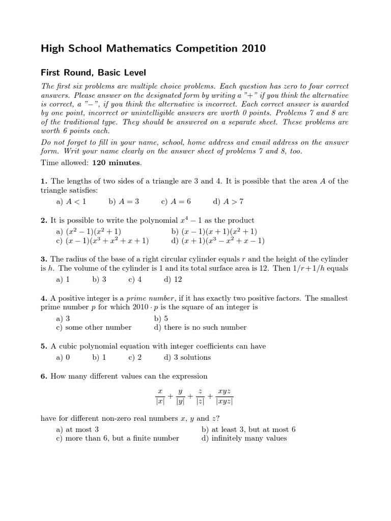 High School Mathematics Competition 2010: First Round, Basic Level ...