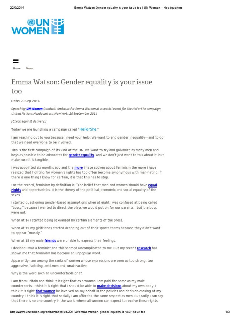 Emma Watson Gender Equality Is Your Issue Too - UN Women - Headquarters ...