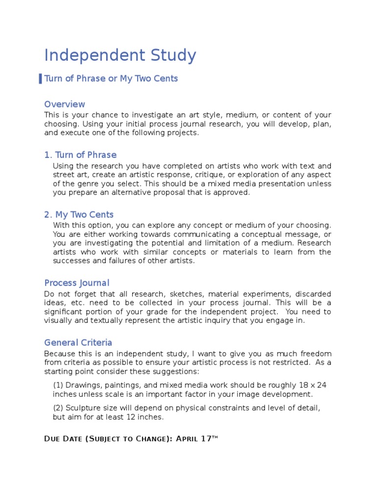 Art Independent Study Project Guide | PDF | Art