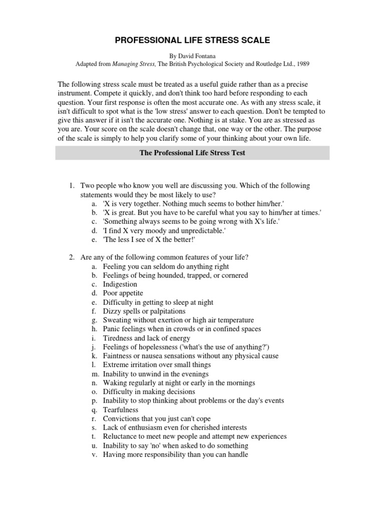 Professional Life Stress Assessment | PDF | Stress (Biology ...