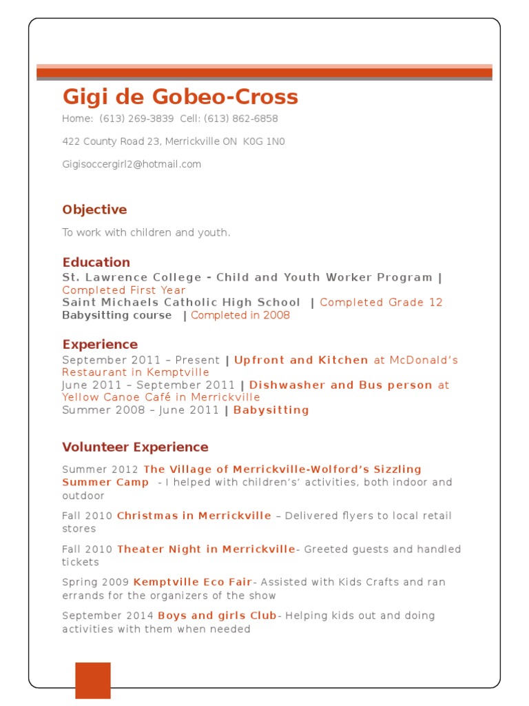 Child & Youth Work Experience Resume | PDF | Social Science
