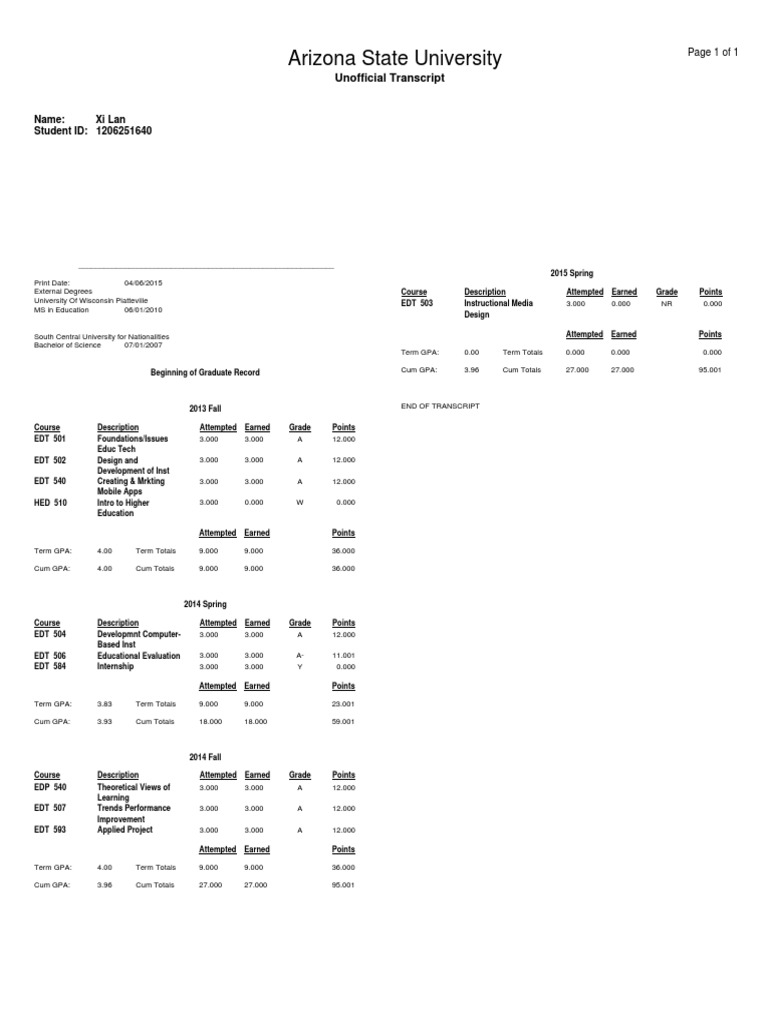 Arizona State University Transcript Summary | PDF | Career & Growth