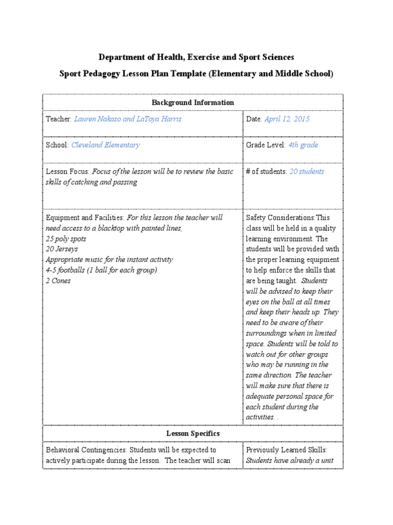 Football Skills Lesson Plan Template | PDF | Physical Education ...